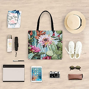 CaTaKu Cactus Canvas Tote Bag Floral Grocery Shopping Cotton Canvas Tote Bag Large Handle Durable Reusable Washable Bag for Women Men
