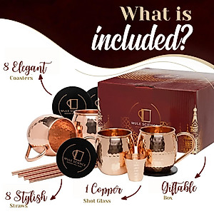 [Gift Set] Mule Science Moscow Mule Mugs Set of 8 (16oz) | Solid Barrel 100% Copper Mugs Set w/ 8 Straws, 8 Coasters & 1 Shot Glass | Handcrafted Tarnish-Resistant Food Grade Lacquer Coat