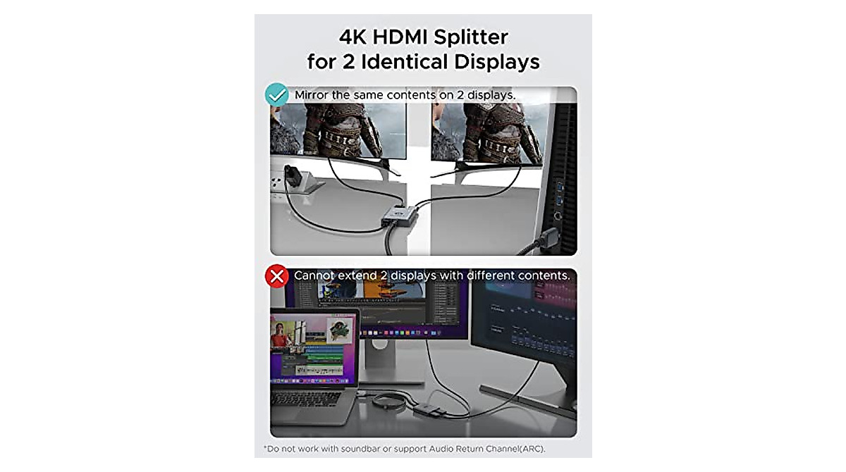 Warrky 4K HDMI Splitter - Mirror to Two Screens, Metal Case, 4K Support