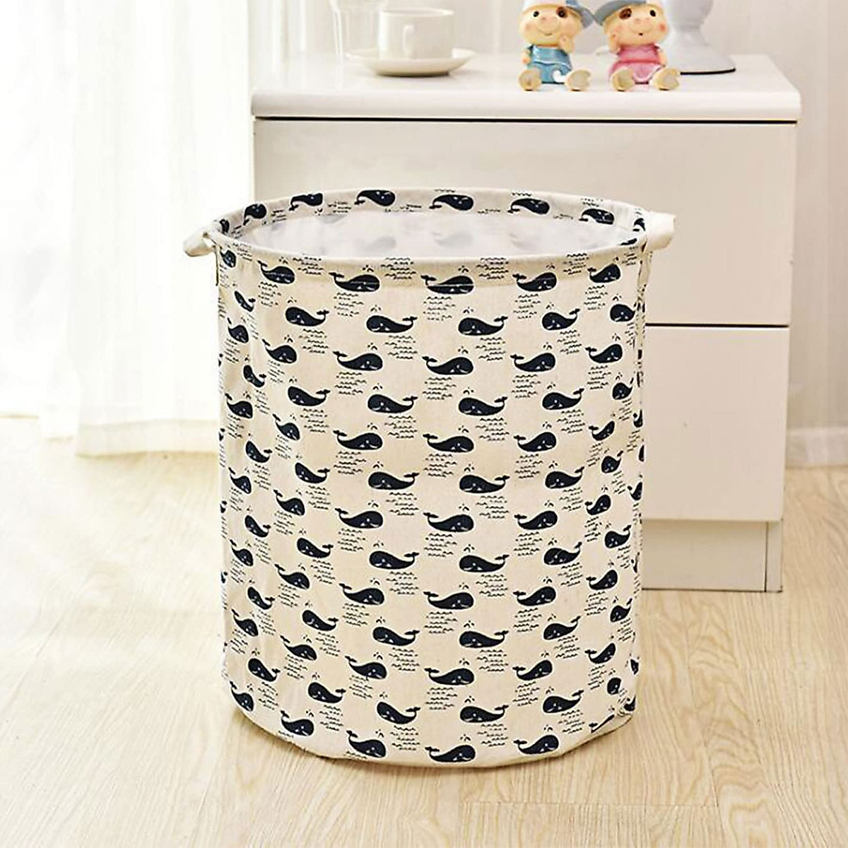 2 PCS Double Laundry Basket Organizer for Kids, Cotton Linen Foldable Tall Nursery Carrier Storage Basket with Handles, Waterproof Hampers for Clothes, Home, Baby, Boys, Dorm(Whale)