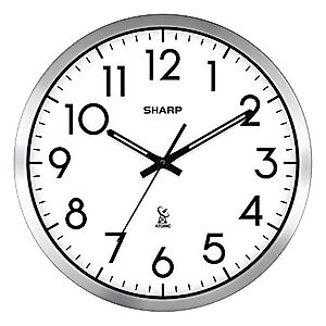 SHARP Atomic Analog Wall Clock - 12" Silver Brushed Finish Sets Automatically- Battery Operated Easy to Read Use: Simple, Style fits Any Decor