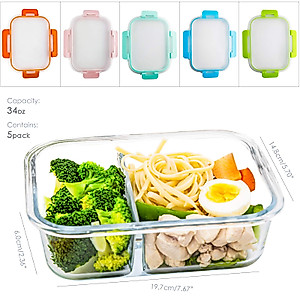 C CREST Glass Meal Prep Containers 2 Compartment Set, 5-Pack, 34oz, Glass Bento Boxes for Adults, Divided Glass Lunch Containers with Lids