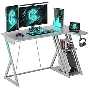 CubiCubi Aurora Gaming Desk with Carbon Fiber Surface, 40 Inch L Shaped Desk with Storage Shelves, Small Corner Computer Desk with Monitor Shelf, Gamer Desk PC Table, Grey