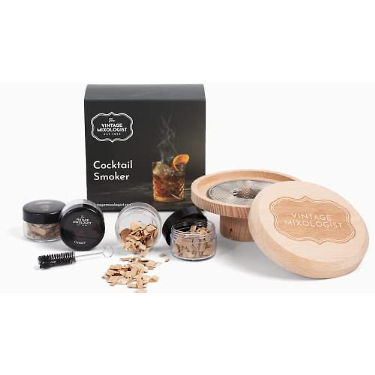 Vintage Mixologist Cocktail Smoker with 4 Pack of Smoking Chips | Oak, Cherry, Apple, and Hickory | Infuse Cocktails, Wine, Whiskey, Cheese, and more | Smoking Glass Cloche