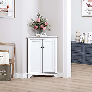 Spirich Floor Corner Cabinet with Doors and Shelves, Freestanding Bathroom Corner Storage Cabinet for Bathroom, Living Room, White