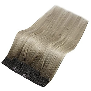Sunny Invisible Wire Hair Extensions Balayage Light Ash Brown Faded to Blonde Highlights Platinum Blonde Invisible Line Hair Extensions Human Hair Ombre Hairpiece Extensions 80g 16inch