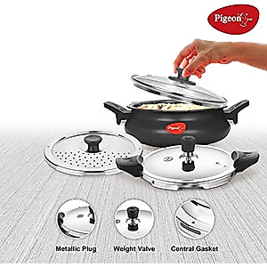 Pigeon 3.2 Quart All-In-One Super Cooker - Steamer, Cooking Pot, Pressure Cooker, Dutch Oven - For All Cooktops - Quick Cooking of Meat, Soup, Rice, Beans, Idli & more, Hard Anodized, (3 Liters)
