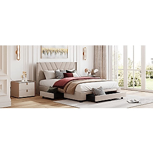 GJHOME Queen Bed Frame with Storage Upholstered Platform Bed Frame with 3 Drawers and Headboard Modern Linen Queen Size Beds with Wooden Slats Support, No Box Spring Box Needed, Beige