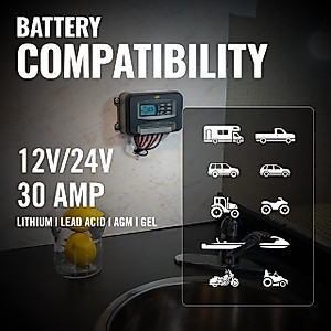 Battery Tender 30 AMP PWM Solar Charge Controller for 12 Volt/24 Volt Lead Acid, Gel, and AGM Batteries and 12 Volt Lithium Batteries