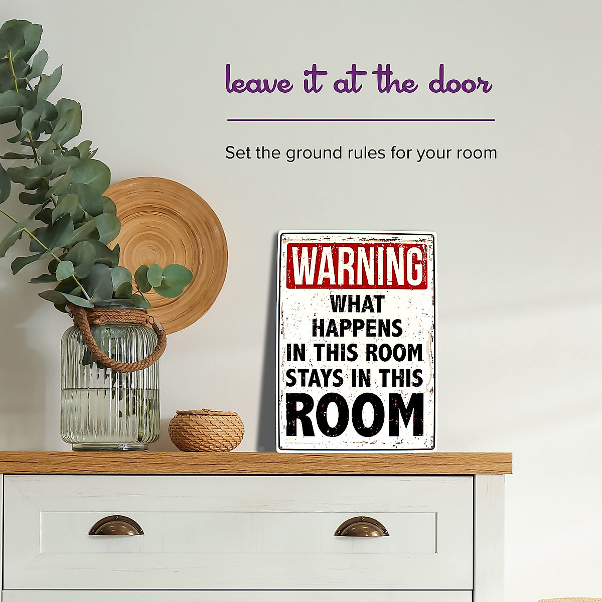 What Happens In This Room Metal Sign - Easy-to-Hang Wall Decor - Fun Tin Signs for Man Cave - Metal Dorm Room Decorations, Garage Signs, and Man Cave Signs