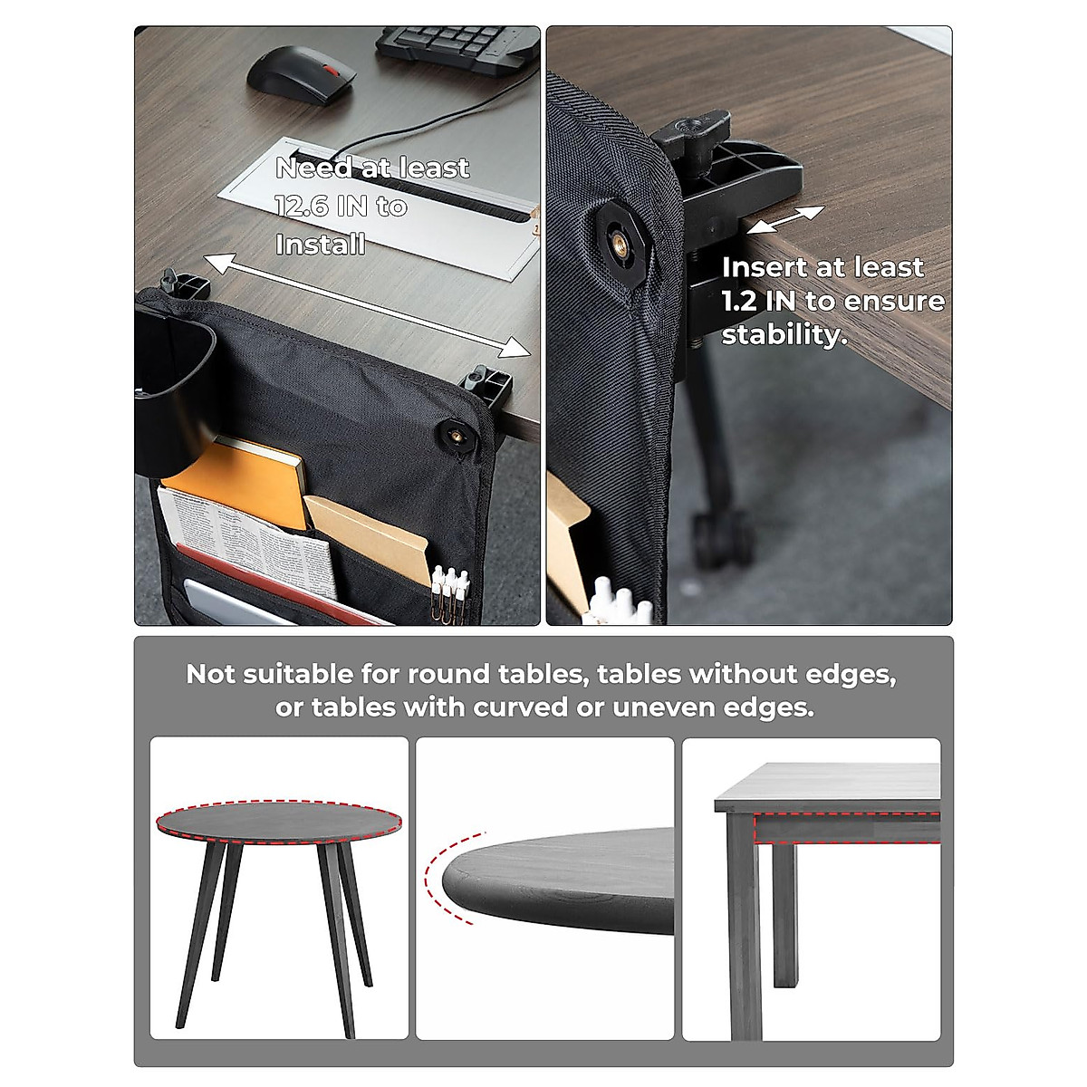 yamagahome Desk Cup Holder Clamp with Hanging Storage Bag, 2 in 1 Table Cup Holder Clip for Desk, Anti-Spill Tableside Cup Holder with Hanging Organizer for Home Office, College Dorm Rooms, RV