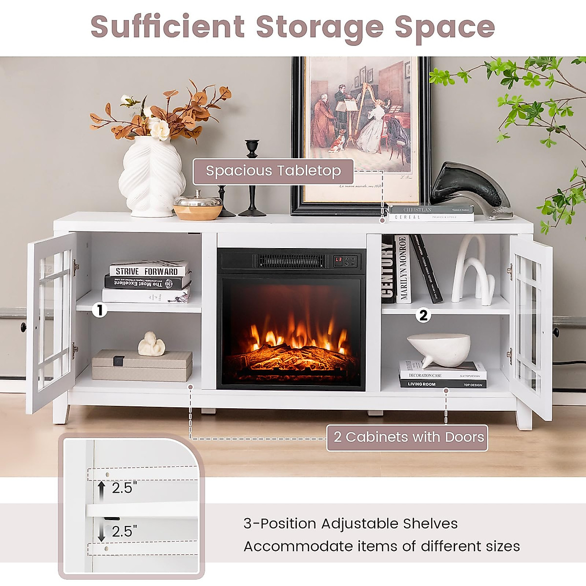 Tangkula Fireplace TV Stand for 65 Inches TVs, 58 Inch TV Console with Electric Fireplace Insert, Adjustable Shelves, Remote Control, 3-Level Flame Brightness, Entertainment Center for Living Room