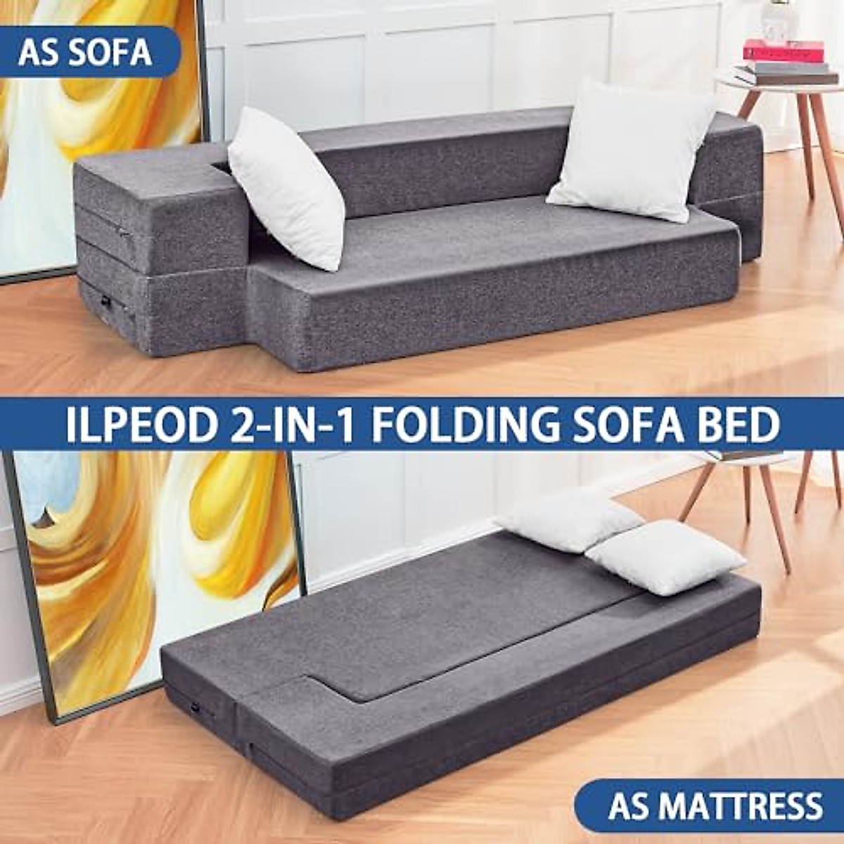 ILPEOD 8 Inch Memory Foam Fold Out Sofa Bed, Washable Cover Sleeper Convertible Futon Mattress for Bedroom Living Room Guest Bed