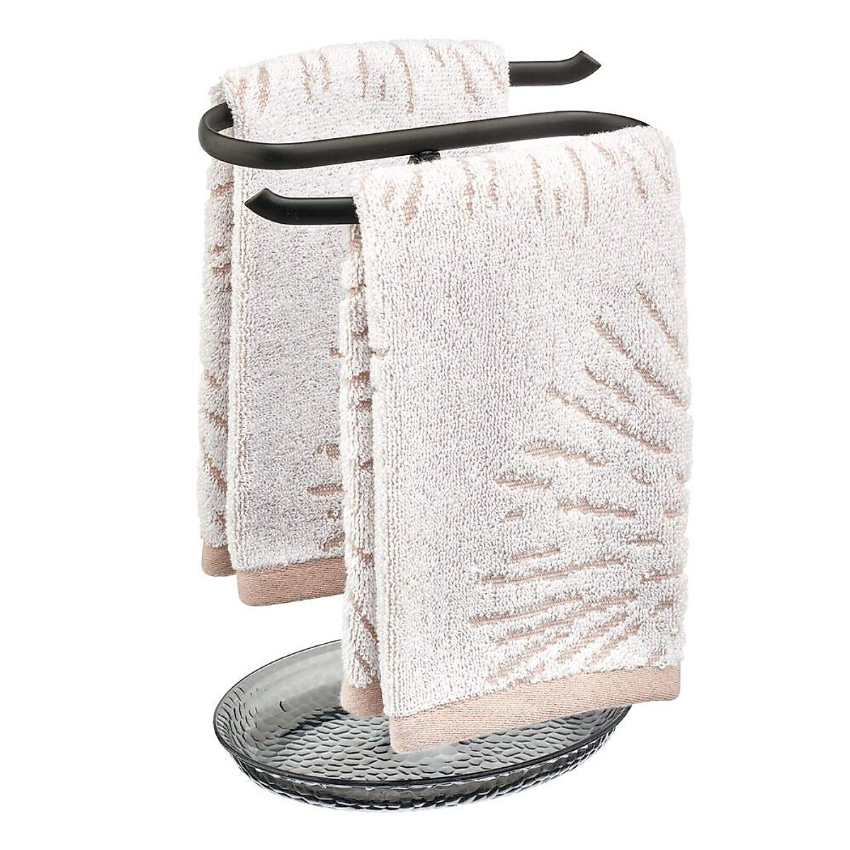 mDesign Steel Fingertip Towel Rack Stand with Base Tray - Towel Holder, Towel Bar for Bathroom, Kitchen, Powder Room - Holds Hand Towel, Washcloths - Rain Collection - Black