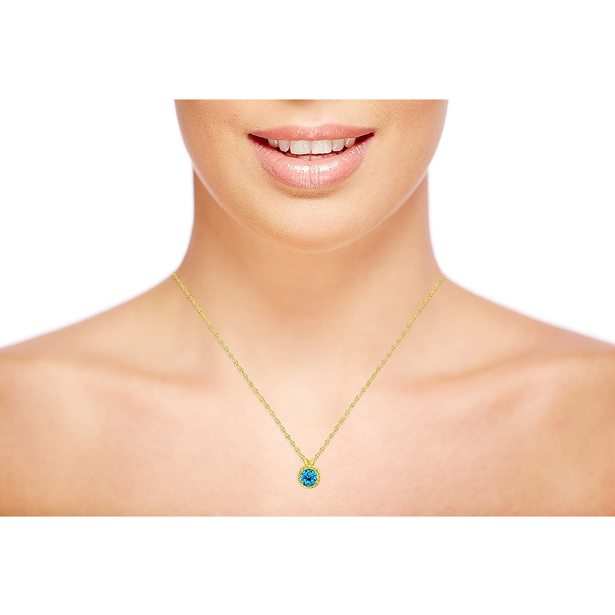 Solid 14K Yellow Gold 6mm Round Genuine Swiss Blue Topaz December Birthstone with Rope Frame Rabbit Ear 18" Rope Chain Necklace | 14K Gold Swiss Blue Topaz Necklace For Women