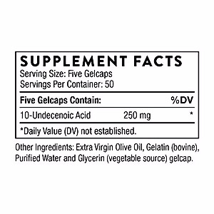 Thorne Undecylenic Acid - 250 mg of Undecylenic Acid - Fatty Acid Support for a Healthy Balance of Gut and Vaginal Flora - Gluten Free - 250 Gelcaps - 50 Servings