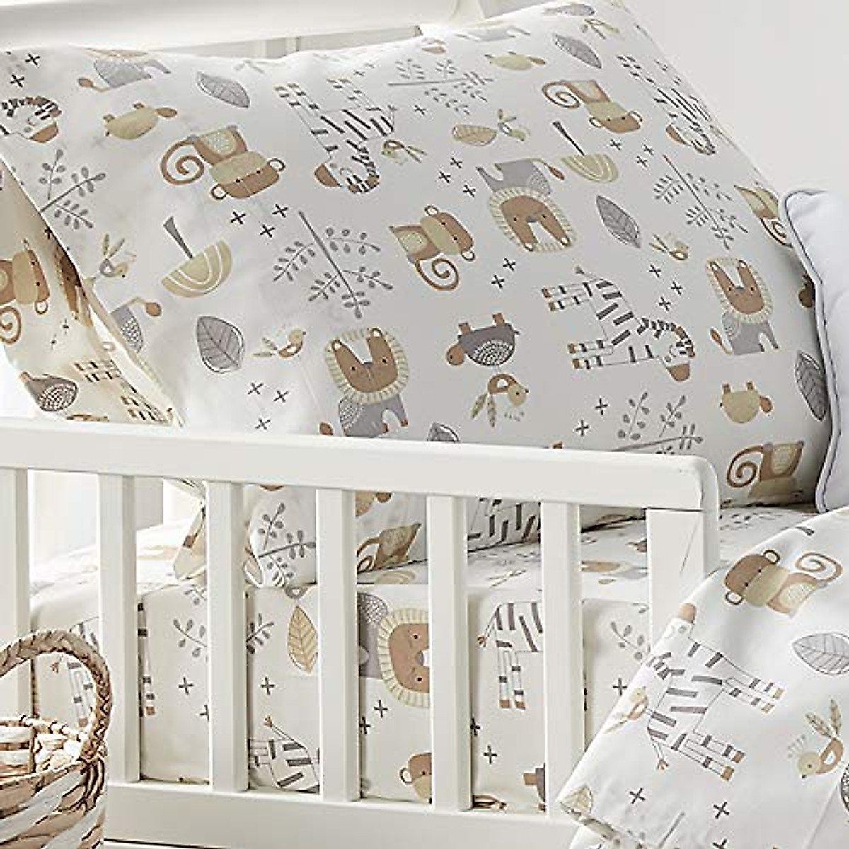 Levtex Baby Kenya Animals Beige, Grey, White - 5PC Toddler Set - Neutral Kids Bedding- Reversible Quilt, Fitted Sheet, Flat Sheet, Standard Pillow Case, Decorative Pillow