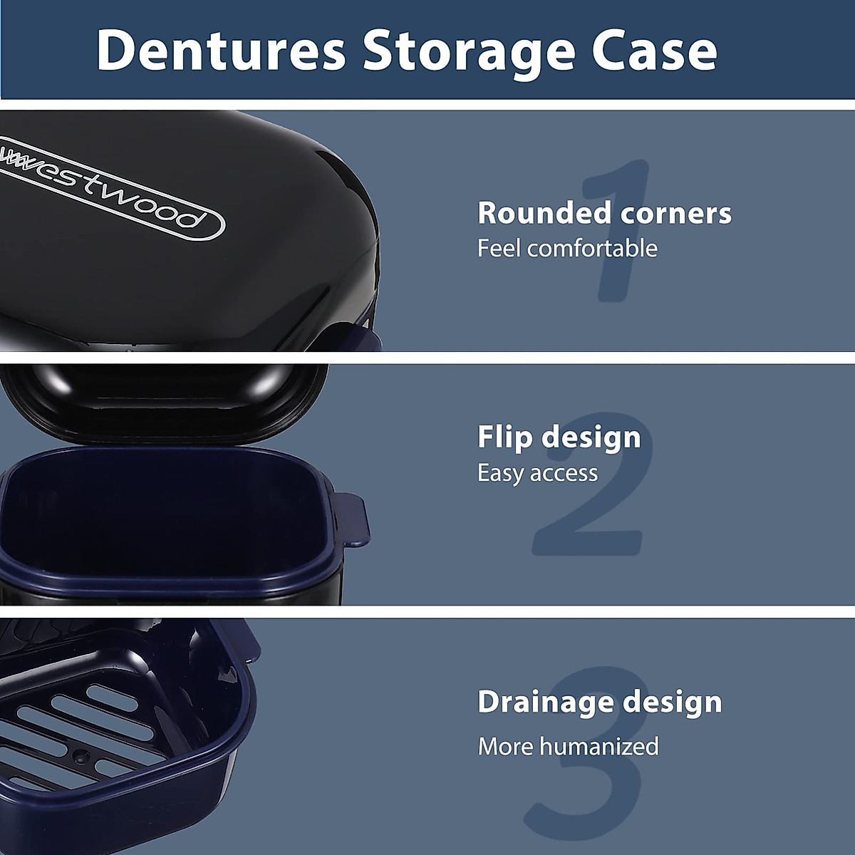 Tofficu Denture Bath Case Cup Box Portable False Teeth Holder Storage Soak Container Orthodontic Retainer Case with Strainer Basket for Travel Cleaning (Black)
