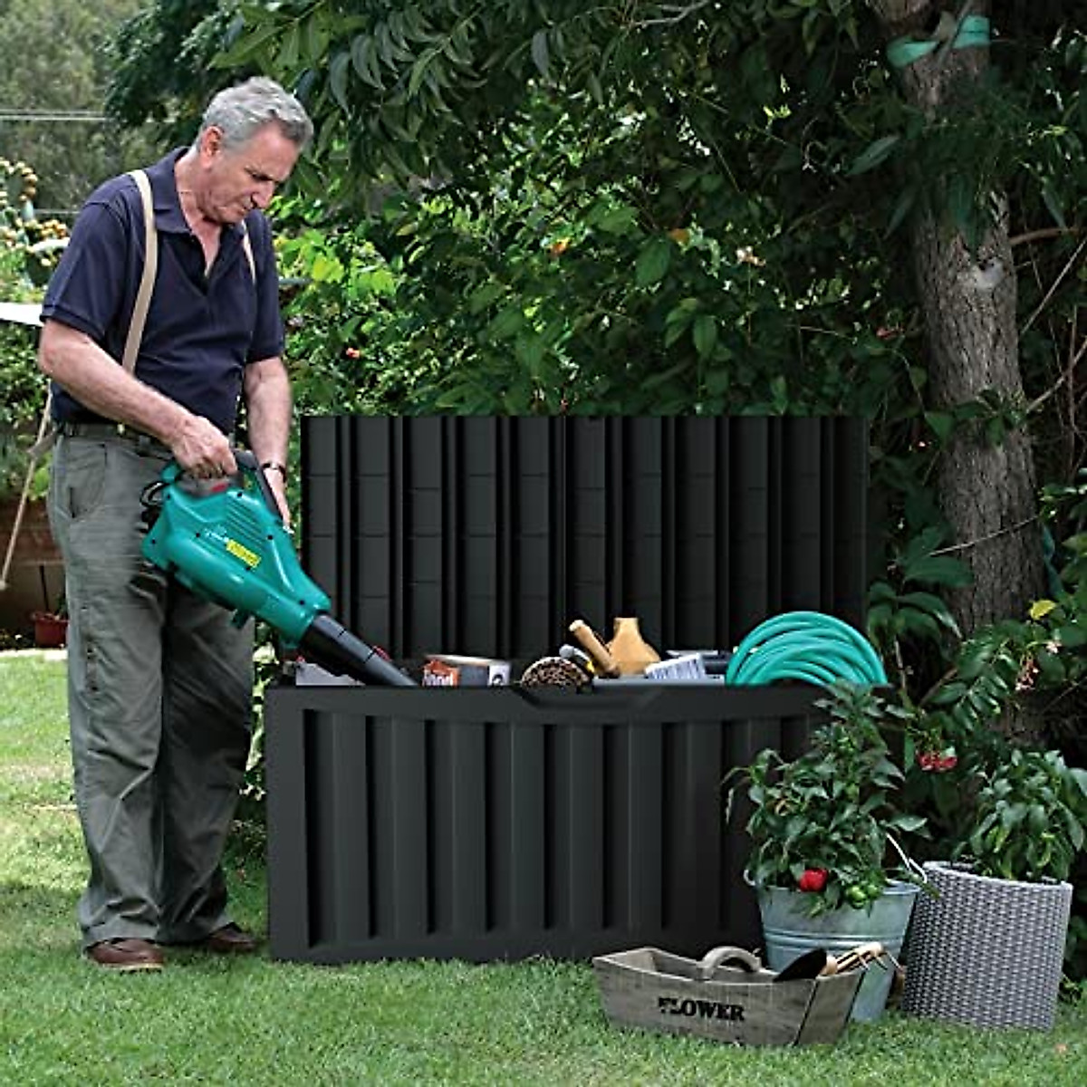 S AFSTAR 90 Gallon Deck Box, Outdoor Storage Box with Lockable Lid, 2 Built-in Wheels, Side Handrail, All Weather Weatherproof Resin Deck Box for Patio Cushions, Pool Supplies, Gardening Tools, Black