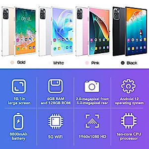 10.1 Inch 5G WiFi Tablet, 1960x1080 IPS HD Tablet for 12, 10 Core CPU Portable Tablet with Dual Camera, 6GB 128GB Memory Tablet for Work, Learning, Game