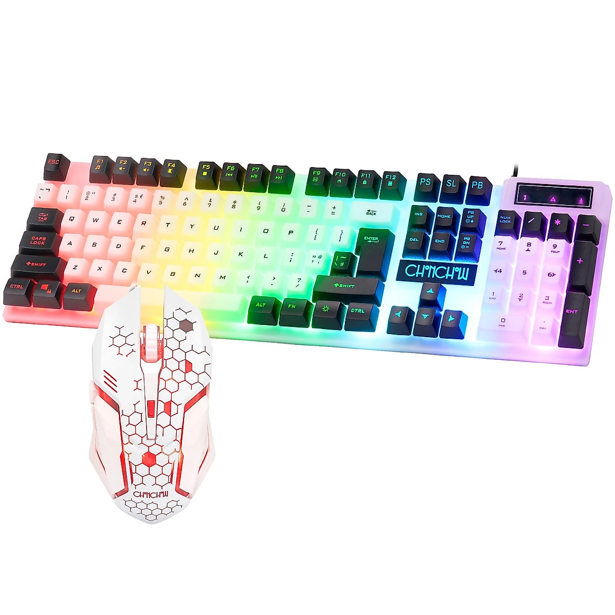 CHONCHOW Gaming Keyboard Mouse Combo Rainbow LED Backlit Ambient Light Illuminated Character Wired USB Keyboard Mice Compatible with Windows XP/7/10 iMac MacBook PS4 PS5 Xbox one(White and Black)