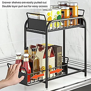 2 Tiers Pull Out Under Sink Organizer, Iron Sliding Under Bathroom Cabinet Undersink Storage Organizer, Multi-purpose Under Sink Shelf Organizer Basket, for Bathroom, Kitchen (Black)