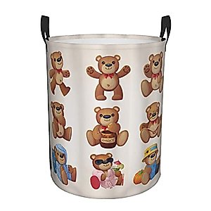 Laundry Basket,Happy Toy Teddy Bears With Funny Different Faces Nostalgic Kids Design,Large Canvas Fabric Lightweight Storage Basket/Toy Organizer/Dirty Clothes Collapsible Waterproof For College Dorms-Large
