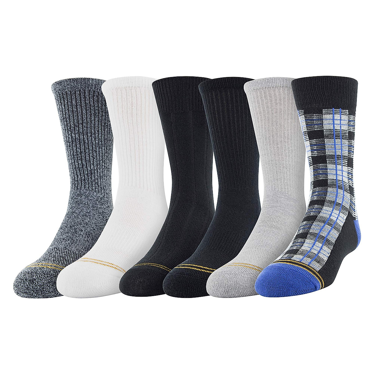 Gold Toe Boys Total Package Crew Socks, 6-Pairs, Black/Royal/Grey, Youth Large
