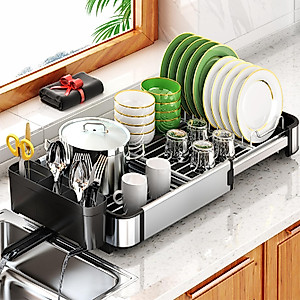 Dish Drying Rack, Kitchen Counter Dish Drainer Rack Auto-Drain, Expandable (14.8 to 22.2 inch) Rustproof Aluminium Large Sink Dish Strainer with Dish Drying Mat and Utensil Holder, Silver