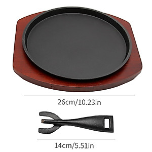 VIKKSAER 10.2" Cast Iron Steak Plate, Sizzling Plate with Wooden Base & Hot Plate Gripper, Steak Pan Grill Fajita Server Plate for Restaurant Home Kitchen Cooking Accessory