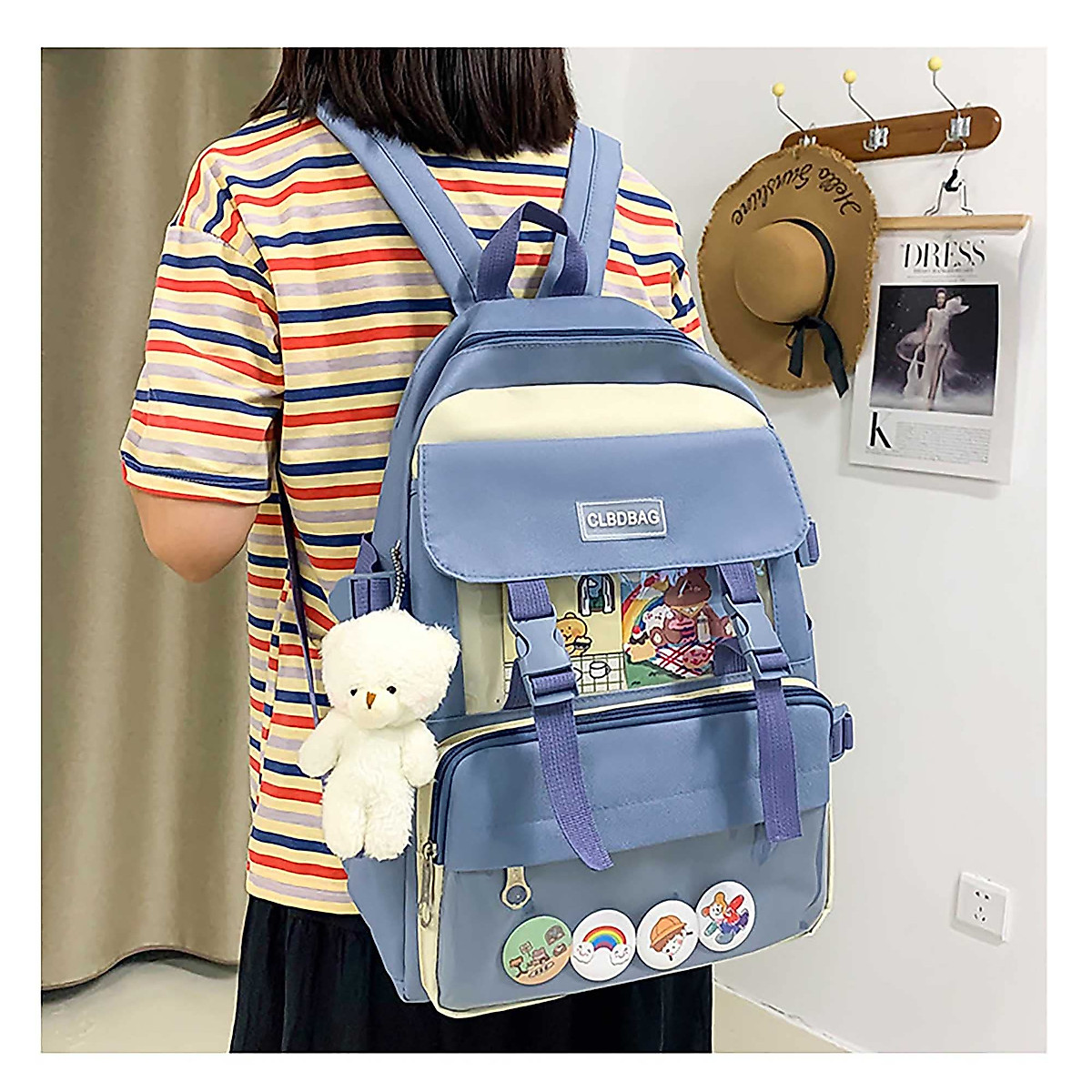 Cute Kawaii Backpack 4Pcs Canvas Backpack Give away bear pendant Pencil Pouch Shoulder Bag Lunch Bag for Girls Boys (Red)