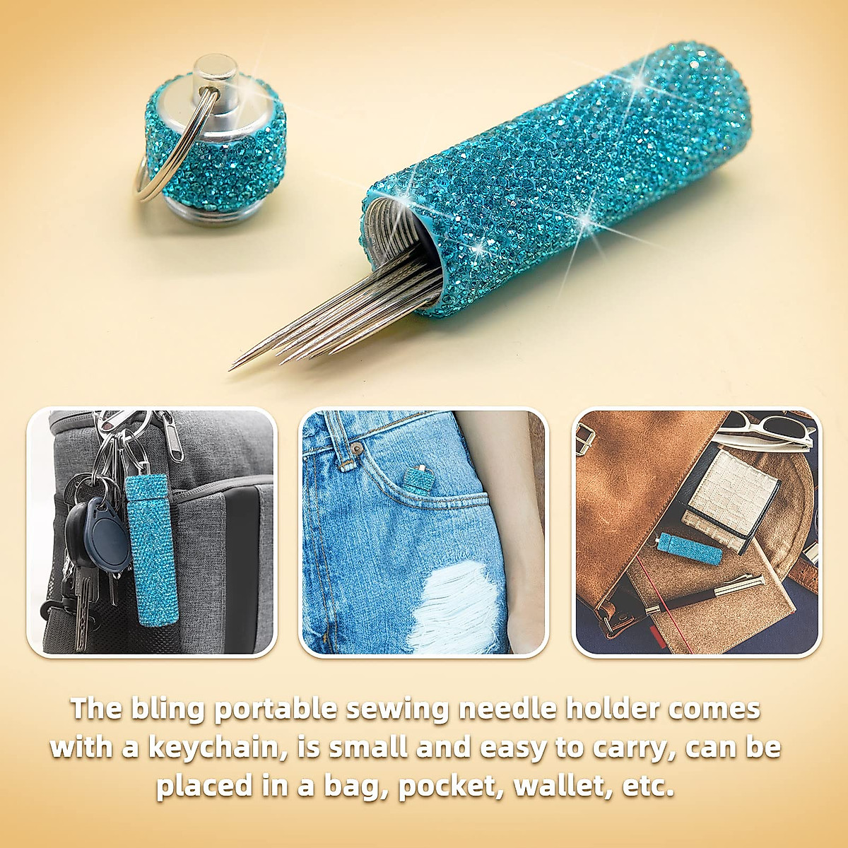 CHIMUYU Sewing Needle Case Storage Portable Bling Rhinestone Sewing Needle Holder Embroidery Needle Case Container Pocket Box with Keychain for Store Needle, Toothpick, Pill, Bead (Silver)