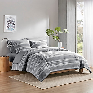 Queen Size Bed in a Bag, Full Bedding Sets, Modern Farmhouse Grey and White Striped Comforter with Sheets, 7-Piece Complete Bedroom Set