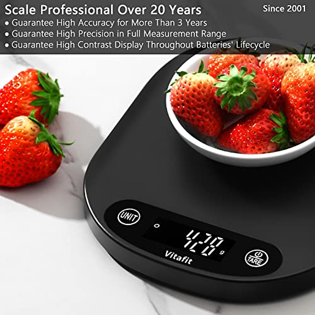 Vitafit 33lb Food Kitchen Scale,Weighing Professional Since 2001, Digital Grams and Ounces for Cooking Baking, Batteries Included, Black