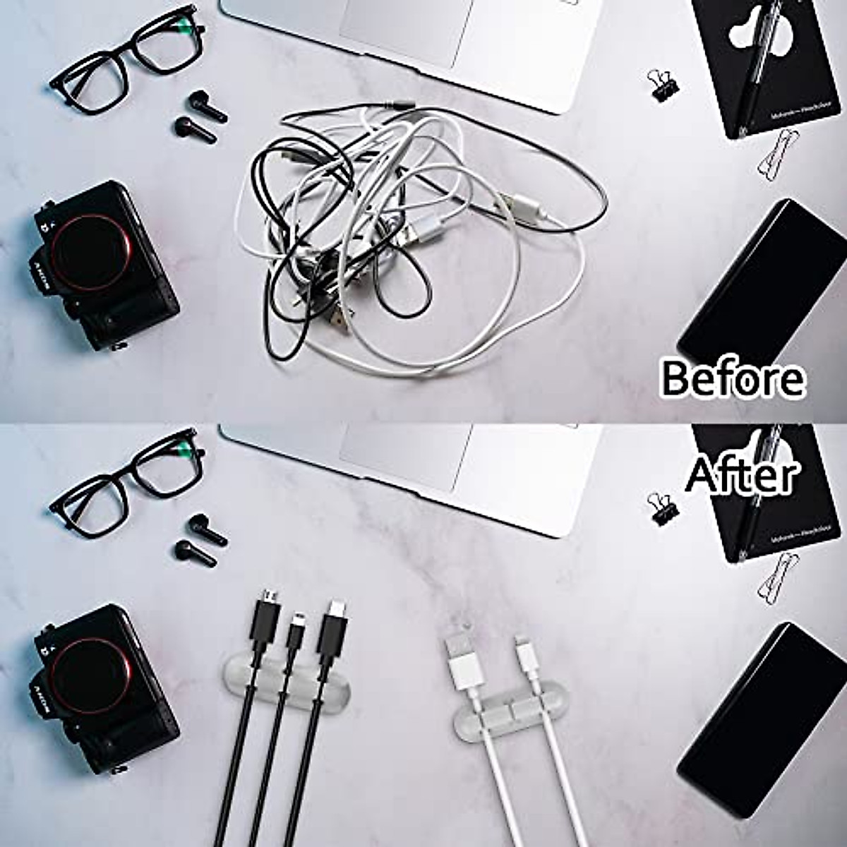 2 Pack Cable Clips - Simr Cord Organizer, Cable Management, 6mm Wire Holder System - Rubber Adhesive Cord Hooks fit Home, Office, Cubicle, Car, Desk Accessories (Black Grey)