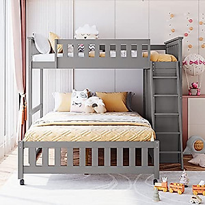 Twin Over Full Bunk Beds with Storage, Wooden L-Shape Bunk Bed Frame with 6 Drawers and Flexible Shelves, Bottom Platform Bed with Wheels can Movable, No Box Spring Needed (Grey)