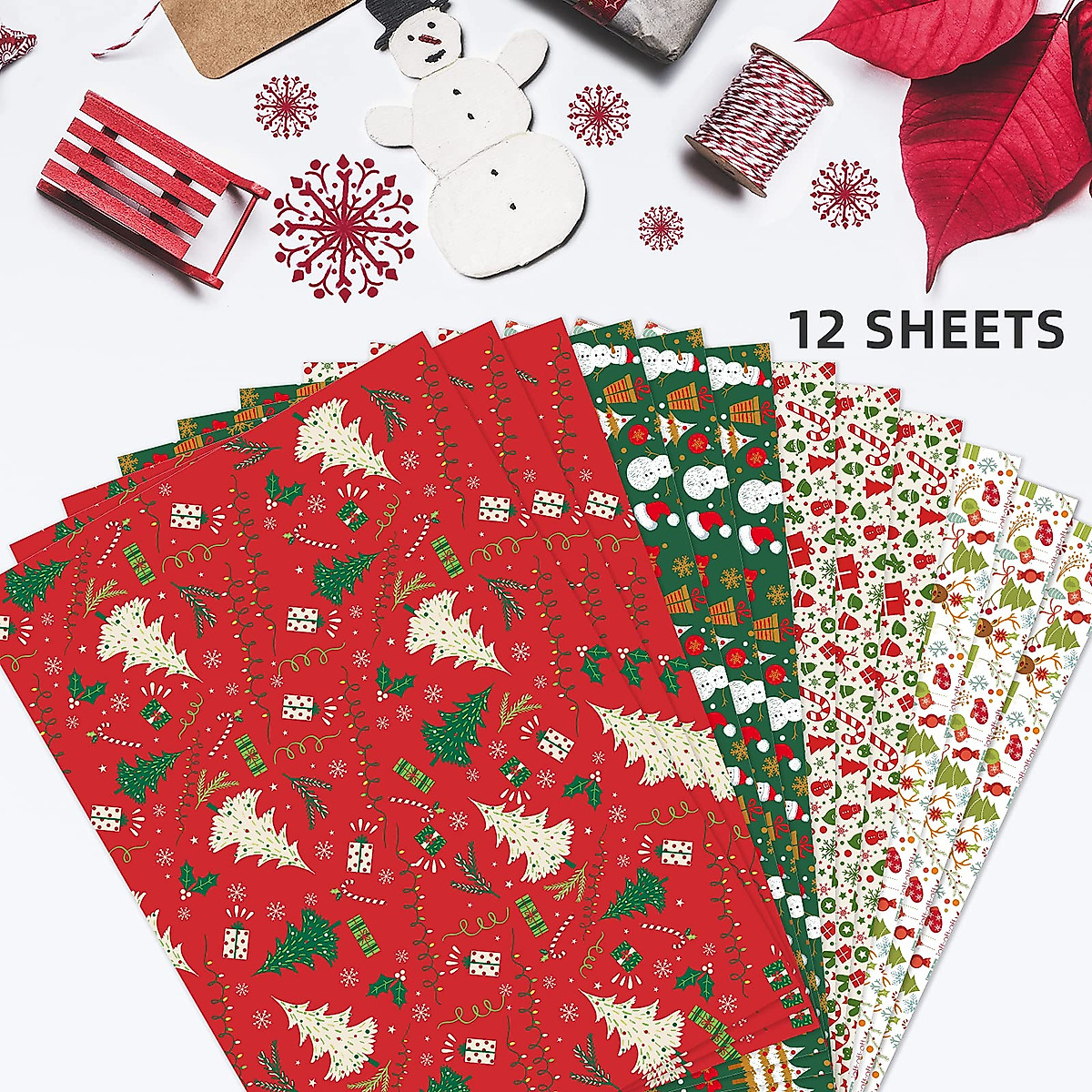PlandRichW Christmas Wrapping Paper Folded for Kids Boys Girls Man Women Gift's. Papercraft Snowmen, Candy Canes, Tree, Socks, Snowflakes, Happy New Year Bulk of 12 Sheets 20"x 29" Folded