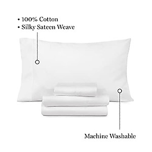 MARTHA STEWART 100% Cotton King Sheet Set - 4 Piece, Soft, Smooth, Durable, Easy Care, 16" Deep Pocket Sheets, Bedding Sheets, Sateen Sheet, 1 Flat, 1 Fitted, 2 Pillowcases, White