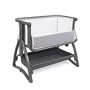 JOYMOR Bedside Sleeper Rocking Bassinet, Height Adjustable Breathable Net Bed Side Baby Cribs with Washable Mattress,Mosquito Net,Storage Basket for Infants, Gray