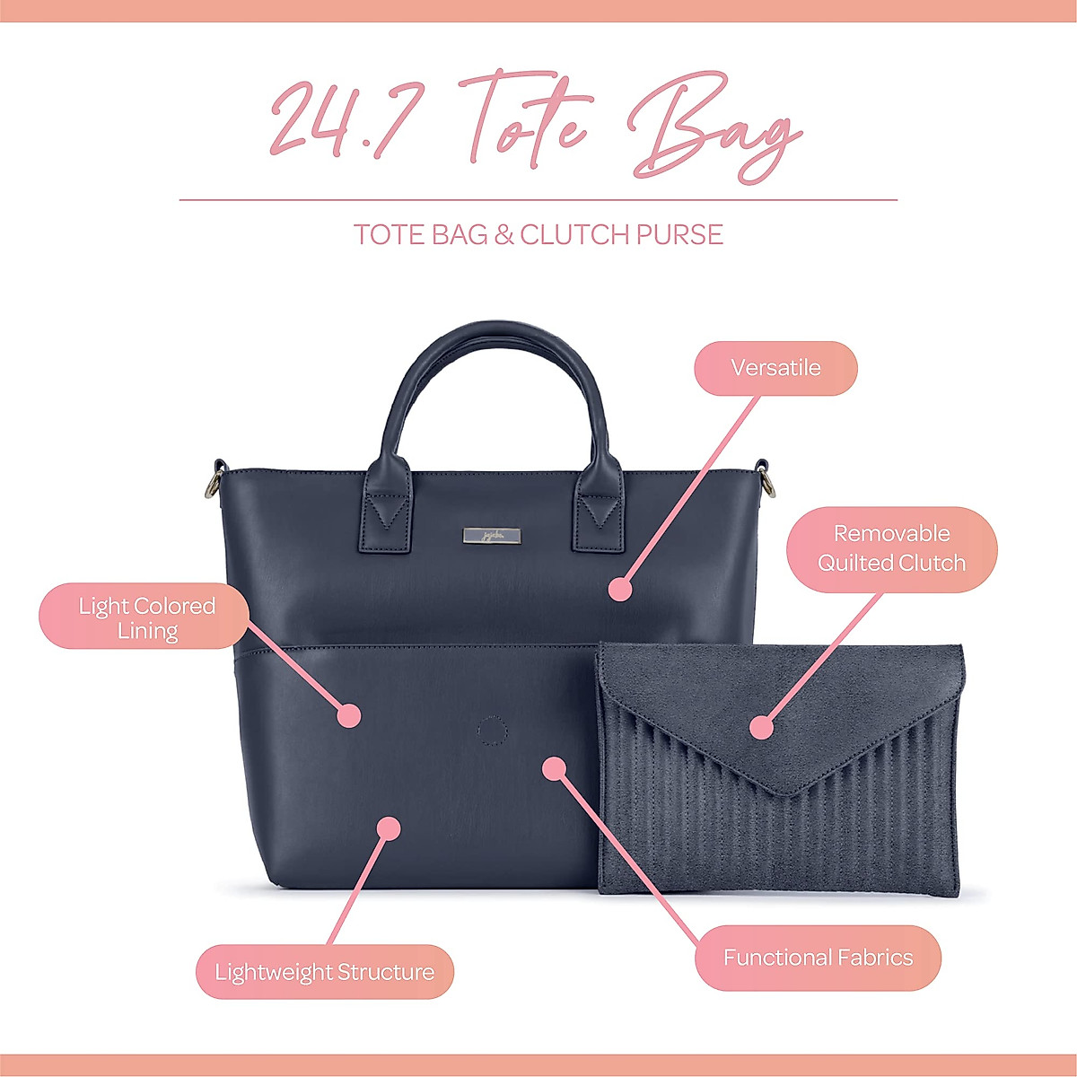 JuJuBe | 24.7 Leather Tote Bag + Clutch Purse for Moms, Includes 9 Pockets and Travel Changing Pad | Deep Ocean