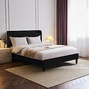 VINGLI Upholstered Platform Bed Queen Panel Bed Frame with Headboard, Wingback Storage Bed Queen with Charging Station, Velvet Black