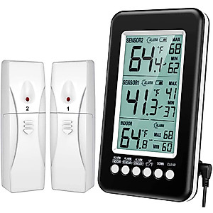 (Upgraded Version) AMIR Refrigerator Thermometer, Wireless Digital Freezer Thermometer with 2 Sensors, Indoor Outdoor Thermometer with Audible Alarm Temperature Gauge for Freezer Kitchen Home