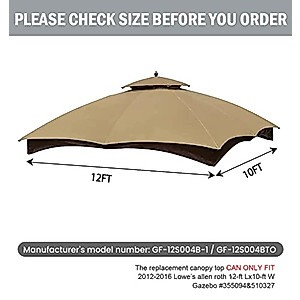 SCOCANOPY Replacement Canopy Top for The Lowe's Gazebo Model #GF-12S004B-1 / GF-12S004BTO (Beige)