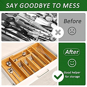 Mxbamhyc 2 Pack Silverware Organizer for Drawer,Bamboo Expandable Kitchen Flatware Organizer,Adjustable Utensil Cutlery Organizer/Holder.