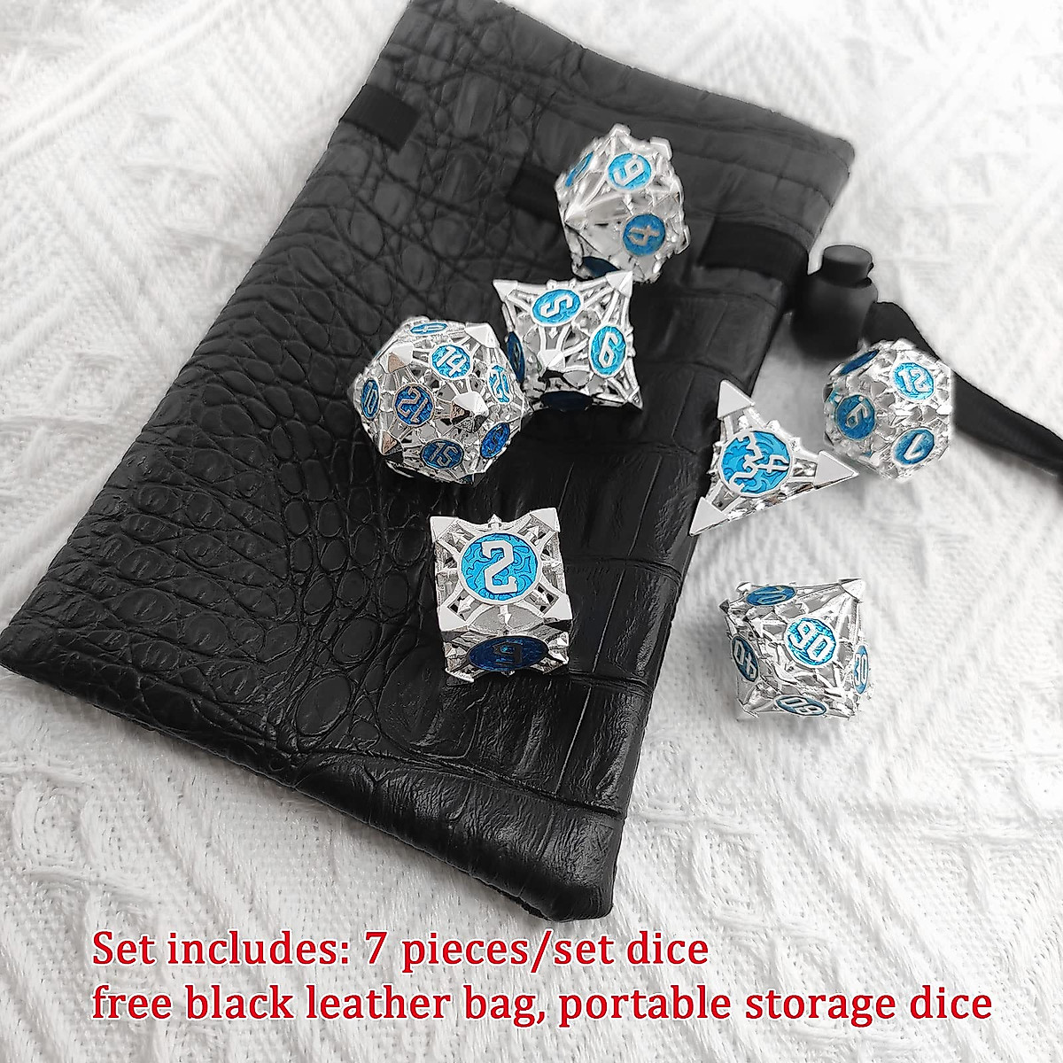 AHDKEJG Metal DND Dice Set D&D Hollow Dungeons and Dragons Gifts Polyhedral D20 Sided Dice RPG MTG Table Games Pathfinder Accessories Role Playing 7pcs D20 D12 D10 D% D8 D6 D4-Silver Blue