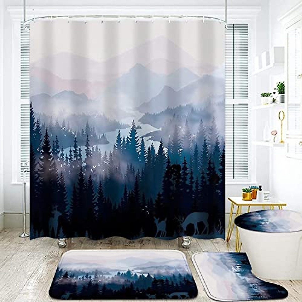 DDQQ 4Pcs Misty Mountain Shower Curtain Sets Dark Blue Tree Bathroom Set Decor with Non-Slip Rugs Bath U-Shaped Mat Toilet Lid Cover Woodland Nature Bathroom Curtains Shower Set with 12 Hooks