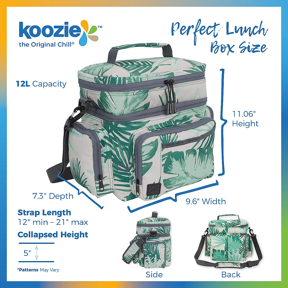 KOOZIE Dual Compartment Cooler Lunch Bag for Women - Large Double Decker Insulated Lunch Box with Removable Shoulder Strap - Resuable Lunch Tote for Work, Travel, Beach, Picnic (Tropical)