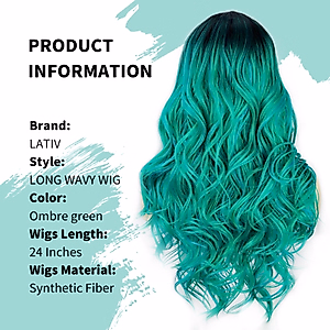 Lativ Long Wavy Wig for Women Ombre Green Middle Part Wigs Teal Wigs Long Curly Synthetic Heat Resistant Hair with Natural Hairline for Cosplay Party Everyday Use