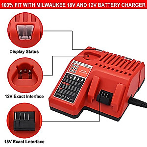 WORTHMAH 2 Pack 18V M18 Lithium Batteries Replacement for Milwaukee M18 Battery with 1 Battery Charger for Milwaukee M-12/M-18 Battery