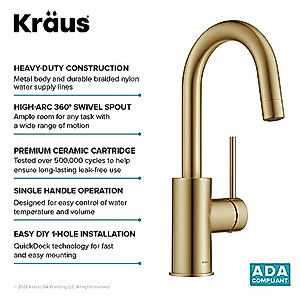 KRAUS Oletto Single Handle Kitchen Bar Faucet with QuickDock Top Mount Assembly in Brushed Brass, KPF-2600BB, 12 1/2 Inch
